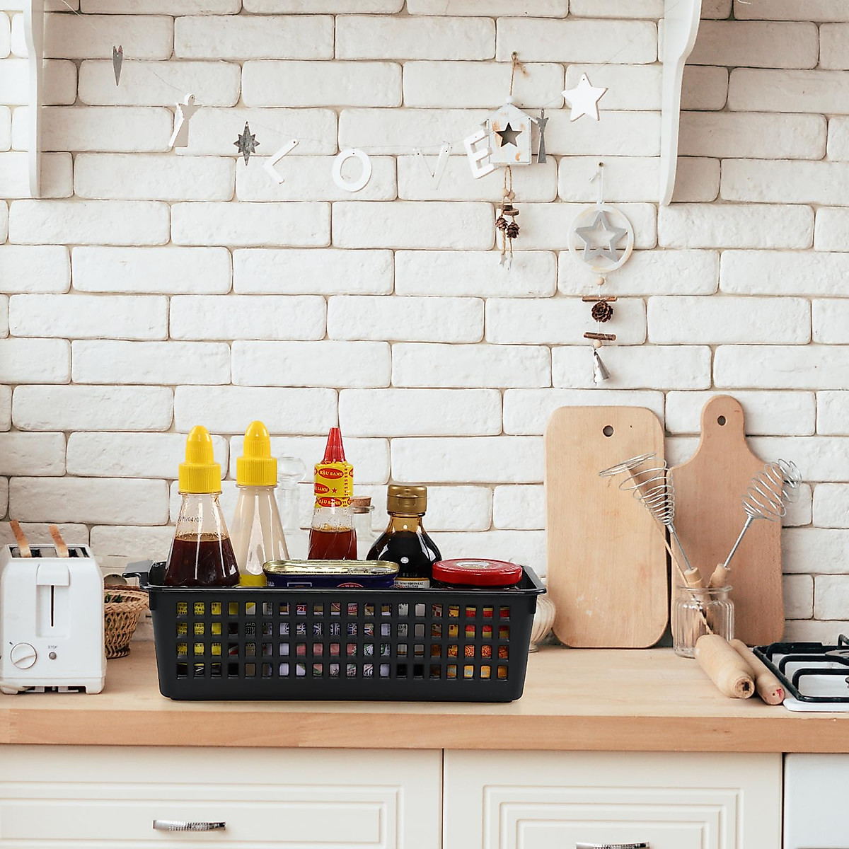 Bringer 6-Pack Slim Plastic Storage Baskets, Black Plastic Rectangle Storage Baskets