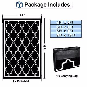 OutdoorLines Outdoor Reversible Rugs for Patio 4x6 ft - Outside Plastic Carpet, Stain & UV Resistant Portable RV Mat, Straw Rug for Camping, Backyard, Deck, Picnic, Porch Moroccan Black & White