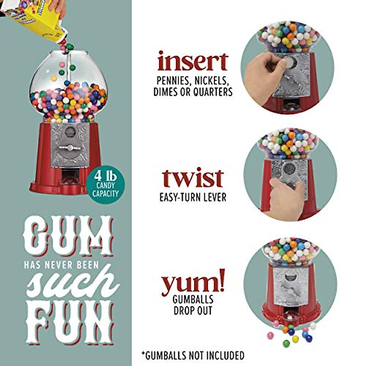 Gumball Machine - 15 Inch Candy Dispenser with Stand for Bubble Gumballs - Heavy Duty Red Metal with Large Acrylic ShatterProof Bowl - Easy Twist-Off Refill - Free or Coin Operated - by The Candery