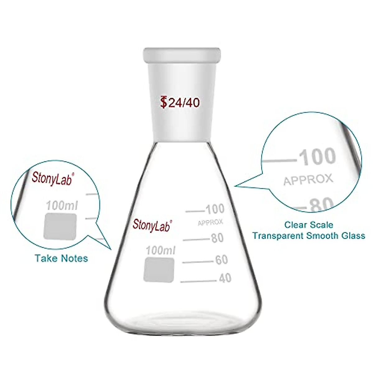 StonyLab Glass 24/40 Erlenmeyer Flask, Borosilicate Glass Heavy Wall Flask with 24/40 Standard Taper Outer Joint, 100ml