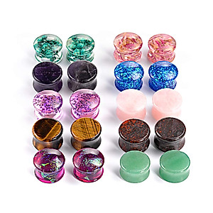 TBOSEN Set Of 10 Pairs Mixed Stone Ear Plugs Ear Gauges Ear Tunnels Double Flare Plugs Expander Body Piercing Jewelry 0g-5/8 in 8mm-16mm 0g