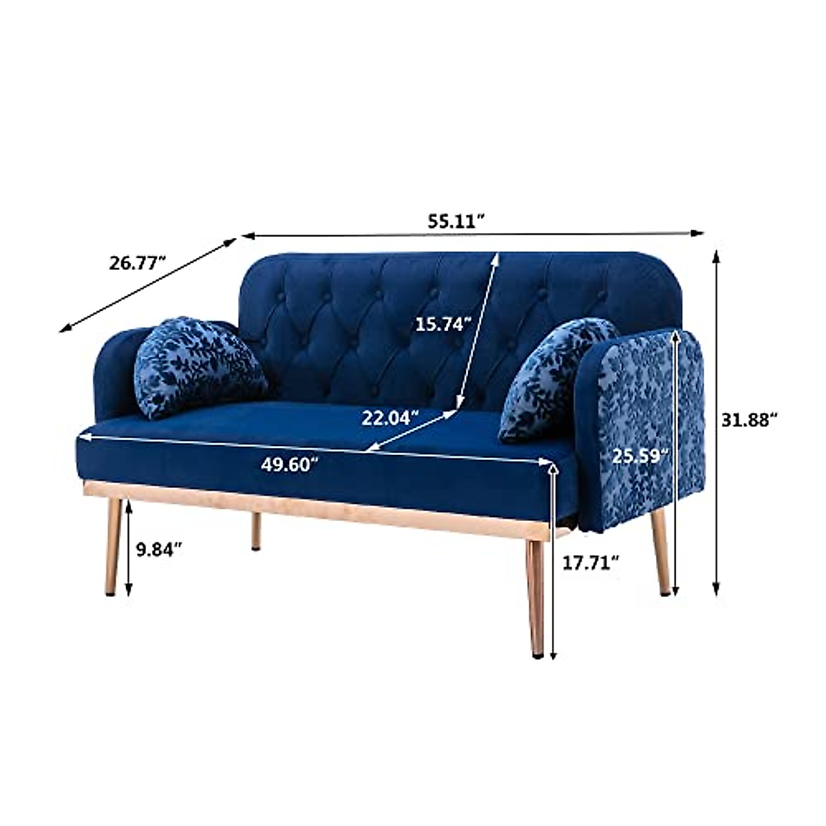 Yoglad Velvet Small Sofa, Upholstered Loveseat with Golden Metal Legs, Accent Couch with Cute Pillows, Small Couch with Solid Wood Frame, for Living Room, Bed Room, Dorm, 55" Inch (Navy)