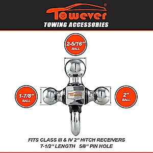 Towever 84180 Trailer Hitch Tri Ball Mount with Hook, 3 Ball Hitch Fit for Towing Hitch 2 inch Receiver (Hollow Shank Tow Hitch, Black&Chrome)