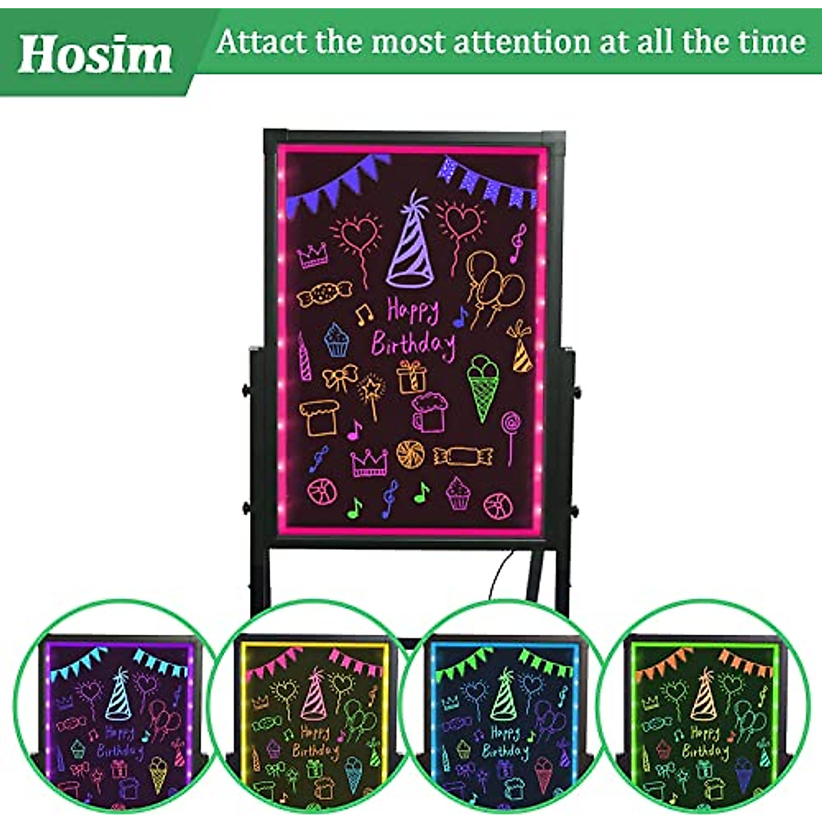 Hosim Standing A-Frame LED Message Writing Board, 24” x 16" Illuminated Erasable Neon Effect Restaurant Menu Sign, Flashing Mode DIY Message Chalkboard for Kitchen Wedding Promotions
