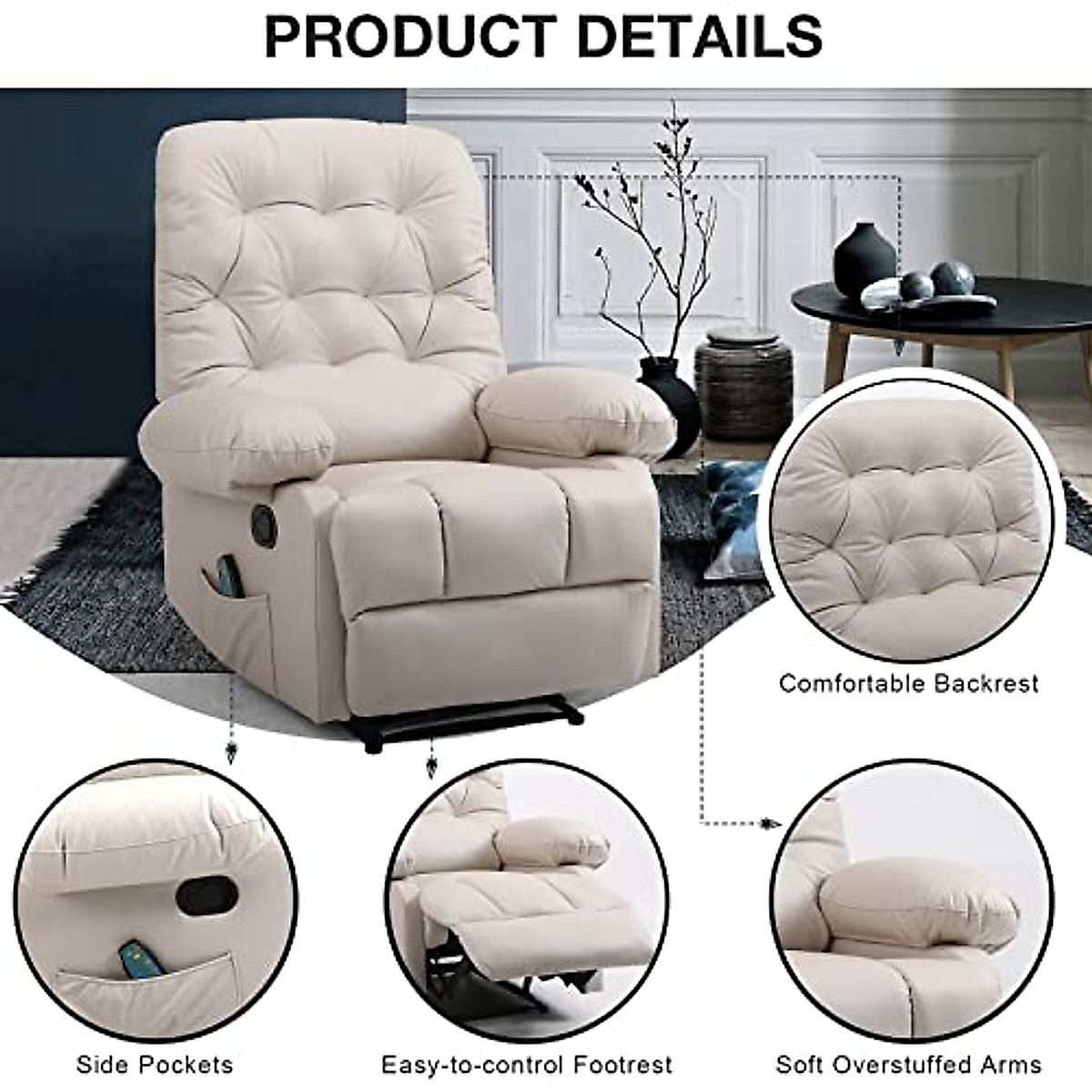 Kasorix Massage Recliner Chairs with Heat Tufted Fabric Manual Reclining Chairs Overstuffed Recliners Massaging Single Sofa for Living Room (Beige), Medium(300lbs)