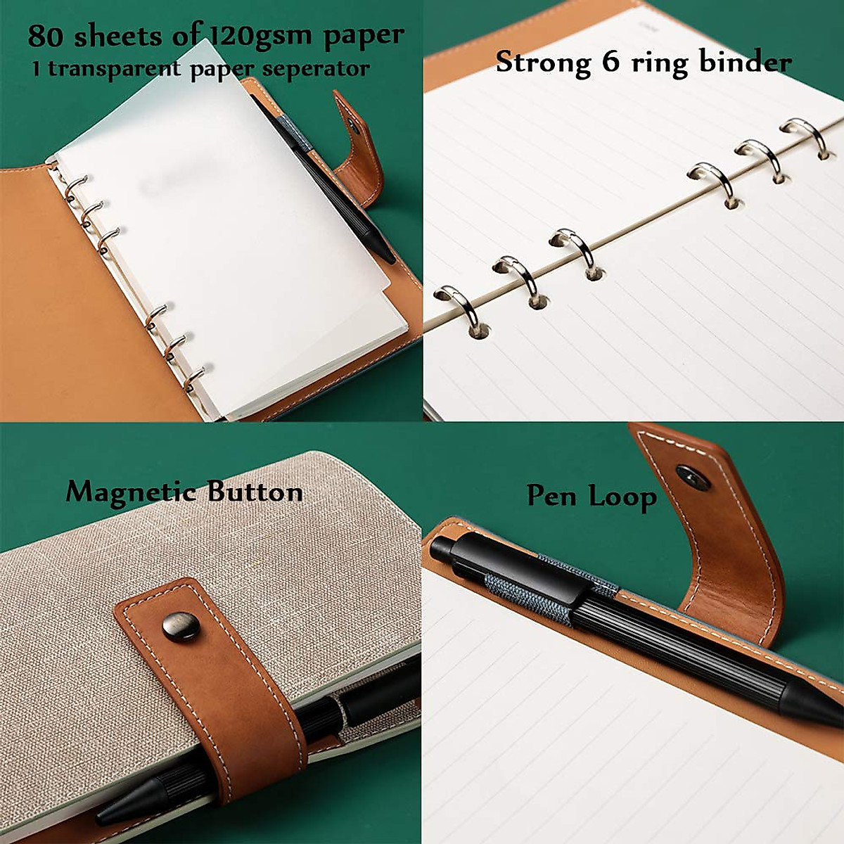 CAGIE A6 Refillable Faux Leather Traveler Notebook Binder Journals 6 Ring Binder Personal Organizer Travel Diary for Women Men Lined Grid Blank Paper with Calendar Light Khaki