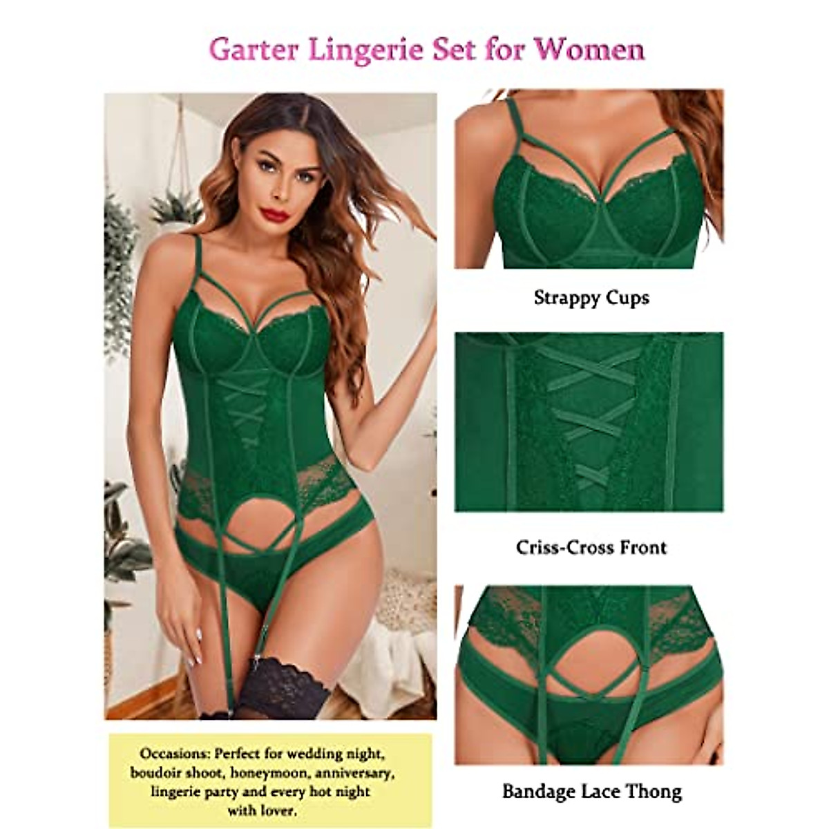 Avidlove Xmas Santa Women Lingerie Set Christmas Lace Teddy Bodysuit with Garter Belt Mini Babydoll Chemise No Stockings Green