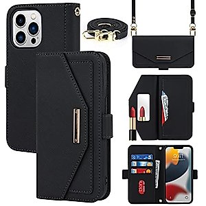 Jaorty Crossbody Wallet for iPhone 13 Pro Max Case with Adjustable Lanyard Strap Credit Card Holder 6.7",PU Leather Handbag Purse Kickstand Make Up Mirror Cover Case for Men Women Girl,Black