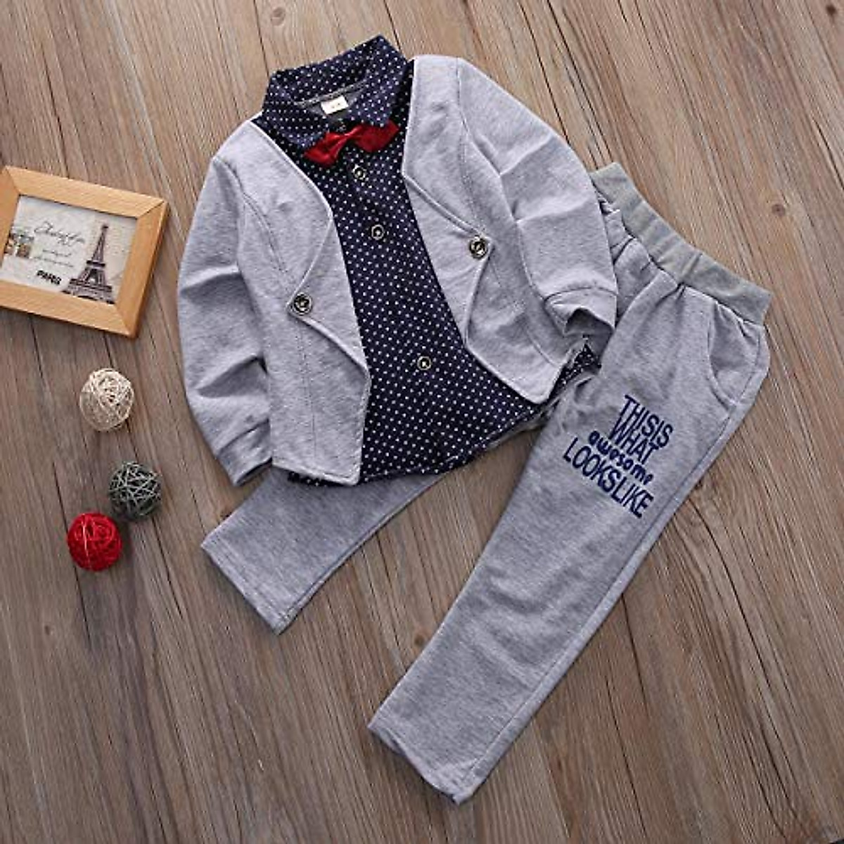 Baby Boys 2PCS Pants Suit, Polka Dot Long Sleeve Bow Folded Collar Button-Down Blouse, Long Elastic Band Pants Set (Grey, 6-12 Months)