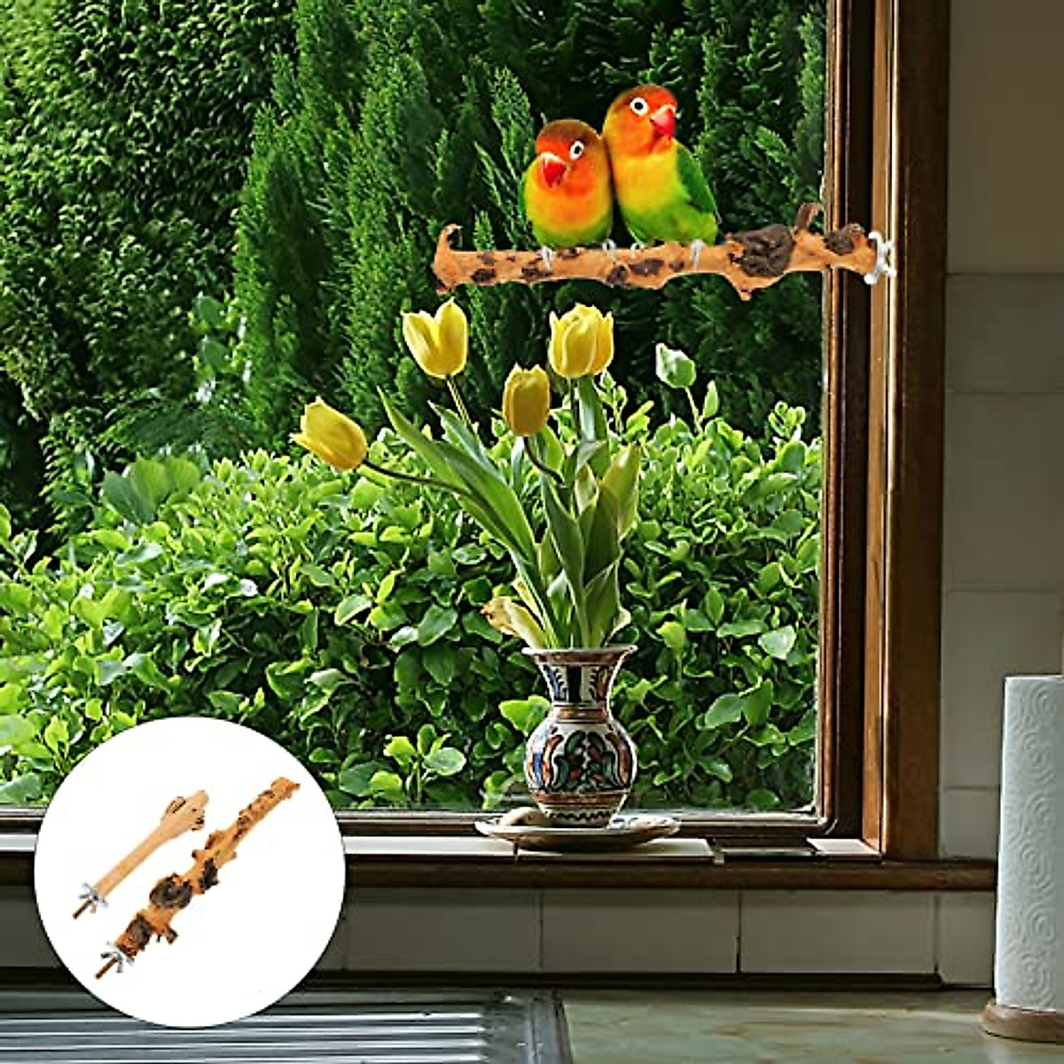 PATKAW Natural Wood Parrot Perch 2pcs Bird Wood Stand Branches Bird Cage Hanging Perch Bird Wooden Chew Toy for Pet Bird Cage Hammock Climbing Toy