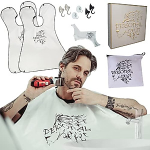 Beard Catcher Kit, 2 Beard Apron/Bib for Mess-Free Shaving+ 6 Suction Cups+ Transparent Beard Shaper with Comb+ Carrying Cloth Bag, Perfect For Men/Boyfriend/Father/Husband/Roommate (WHITE)