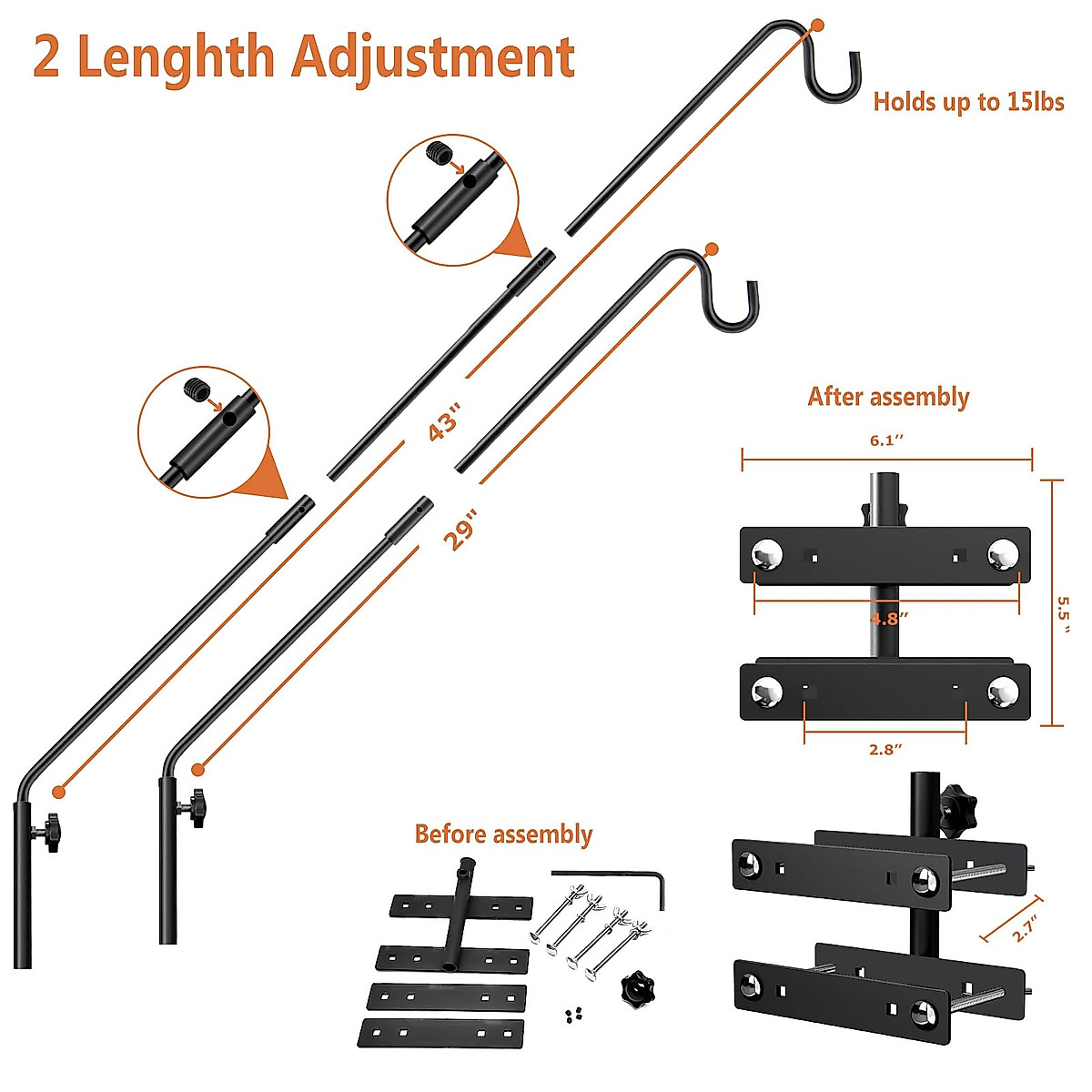 IVOODi Heavy Duty Deck Hook-Deck Railing Plant Hanger, 29 to 43 Inch Extended Bird Feeder Hanger W/Double Clamps,Versatile Deck Shepherd Hook for Hanging Bird Feeders,Lanterns,Planters etc.