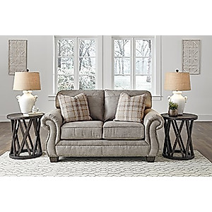 Signature Design by Ashley Olsberg Faux Leather Loveseat with Nailhead Trim and 2 Accent Pillows, Gray