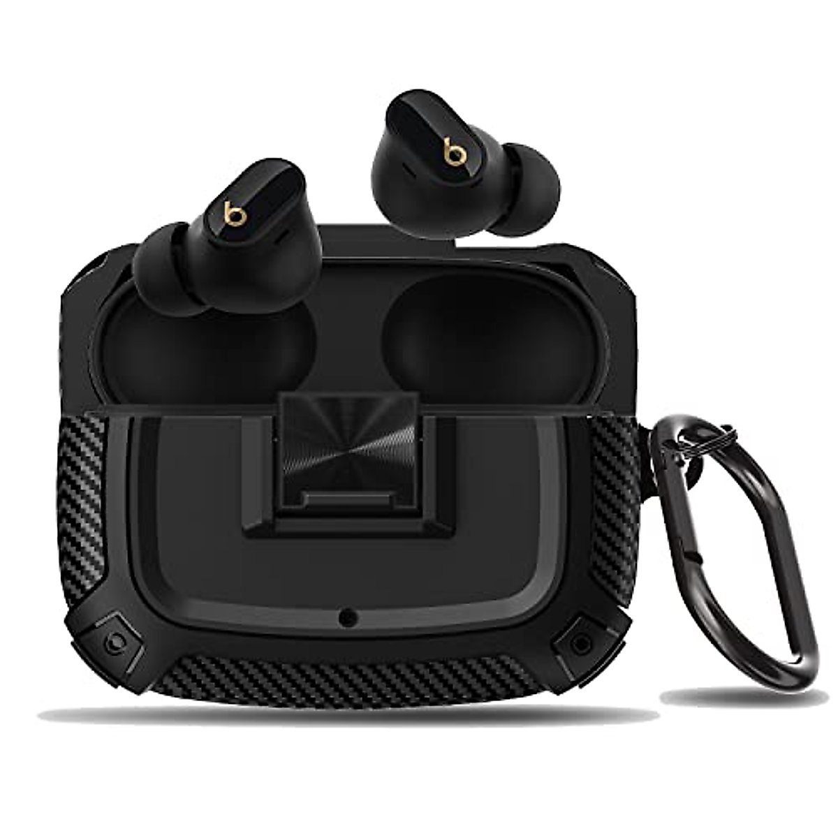 JIML [Upgrade Secure Lock] Compatible with Beats Studio Buds (2021) / Beats Studio Buds+ (2023) Case TPU Military Shell Protective Cover Skin Shock-Absorbing with Keychain and Lanyard (Black)