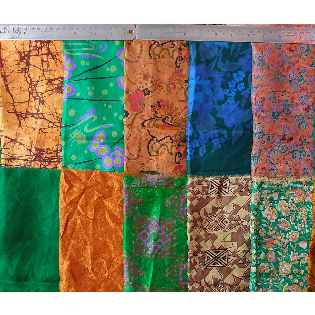 Vintage Sari Fabric 14 Pcs Brown & Green 12"*20" Silk Sari Scrap Remnants Lot for Journal Scrapbook Wrap Craft Project Jewelry Applique DIY Gift Wrap BRGR14