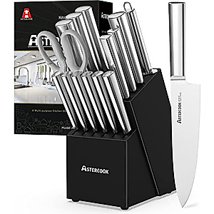 Knife Set, 15 Pieces Chef Knife Set with Block for Kitchen, German Stainless Steel Knife Block Set, Dishwasher Safe, Best Gifts, Silver Knives & Elegant Black Holder
