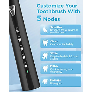 Electric Toothbrush Rechargeable Sonic Toothbrushes for Adults with 5 Brushing Modes and 8 Tooth Brush Replacement Head, 120 Days of Use with 3-Hour Fast Charge, Smart Timer and Deep Cleaning in Black