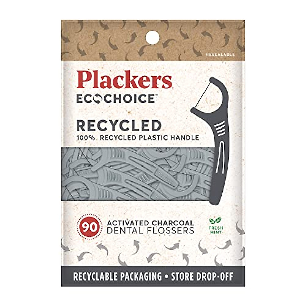 Plackers Ecochoice Activated Charcoal Recycled Dental Flossers, 90 Count (Pack of 1)