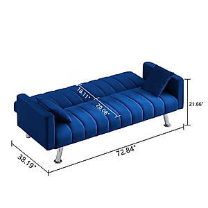 AWQM Sofa Bed, Upholstered Convertible Sofa Bed with 2 Pillows, Modern Velvet Sleeper Sofa Couch with Wooden Frame and Metal Legs, Small Couch for Living Room Bedroom Office (Blue)