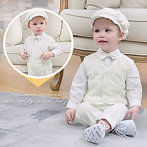 Booulfi Baptism Outfits for Boys, Baby Boy Clothes Formal Gentleman Suits White Dress Shirt Bowtie Suspender Pants Vest Hat, Christening gifts 3-6M