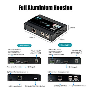 Basicolor HDMI KVM USB Extender, 4K@60Hz Ethernet Extender Over Cat5 Cat6 Up to 196Ft(60m), Video Transmit Lossless and Near Zero Latency, Plug&Play HDMI to Rj45, 4xUSB2.0