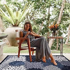 CAMILSON Indoor/Outdoor Rug, Navy Blue 5x7 Floral Exotic Tropical Area Rugs for Indoor and Outdoor patios, Easy-Cleaning Non-Shedding Living Room, Garden and Kitchen Washable Outside Carpet (5 x 7)