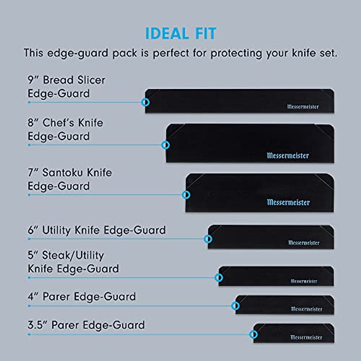 Messermeister Edge-Guard Set of 7, Black - Fashionable & Functional Knife Protector for Slicer, Chef’s, Santoku, Utility, Steak & Parer Knives - 2 Blade Entry Notches - Includes 7 Knife Edge Guards