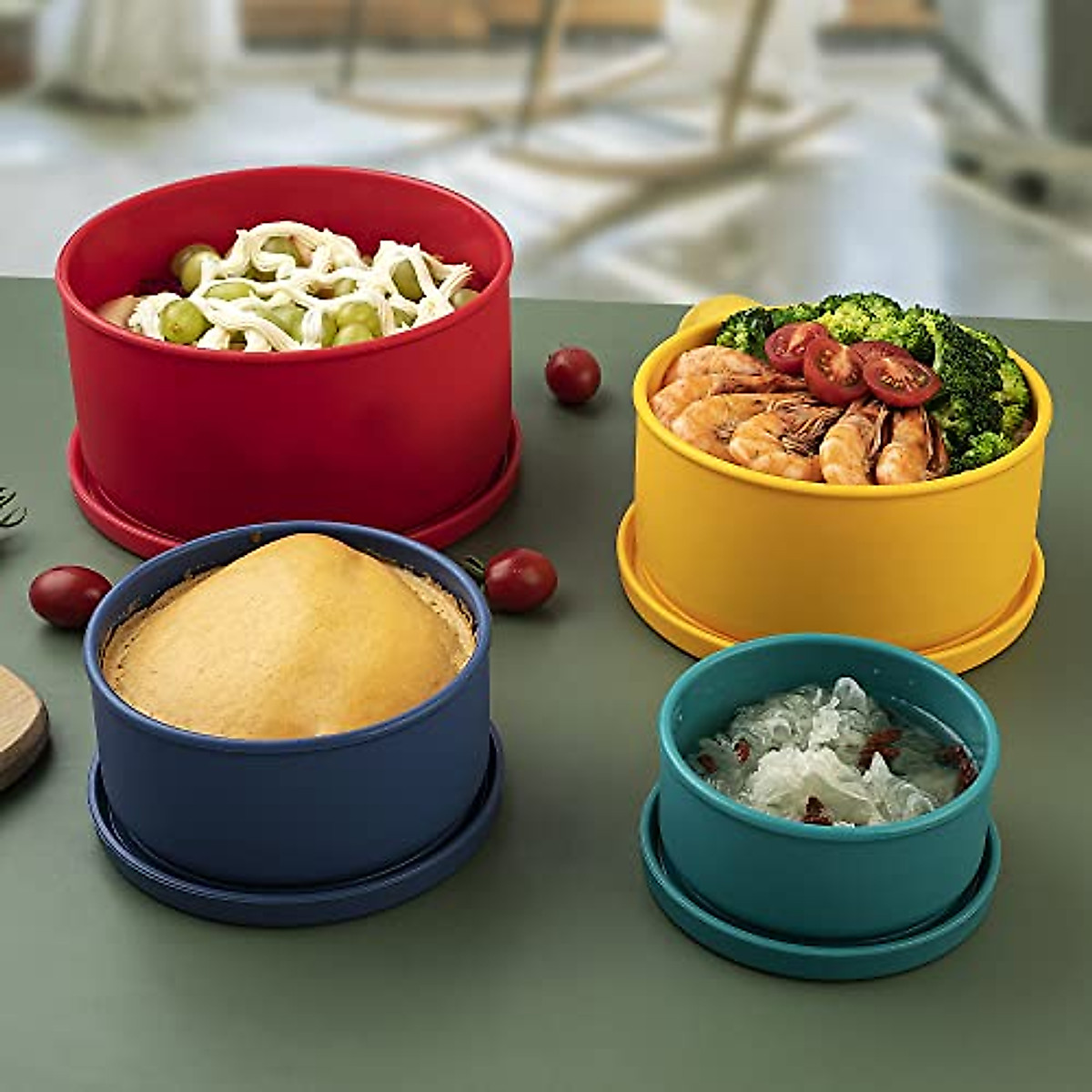 Elkniwts Silicone Food Storage Container Lunch Box,4 Pcs Nestable Silicone Food Holders, Reusable Food Storage Box, Mixed Colors,for Microwave and Dishwasher
