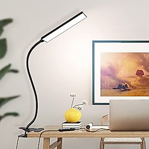 Vansuny Clip on Light LED Desk Lamp with Eye-Caring LED Light and Metal Clip, 11 Level Brightness 3 Color Modes, Power by USB Port 5W Flexible Gooseneck Reading Light for Home and Office (5W, Black)