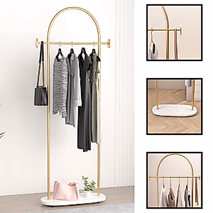 KADIGANG Gold Clothing Rack, Modern Clothes Rack with Shelf, Heavy Duty Freestanding Coat Rack, Metal Coat Hanger Stand with Hooks for Boutique Office
