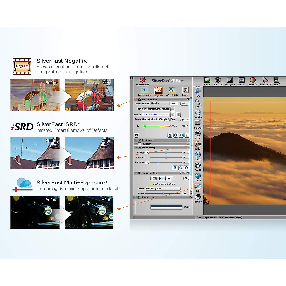 Plustek OpticFilm 8200i SE , 35mm Film & Slide Scanner. 7200 dpi / 48-bit Output. Integrated Infrared Dust/Scratch Removal. Bundle Silverfast SE Plus 8.8 , Support Mac and PC.