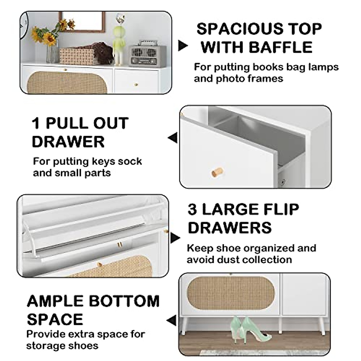 Mcltopz Rattan Shoe Cabinet with 3 Flip Drawers&1 Small Drawer&1 Door, Modern Free-Standing Shoe Rack Narrow Shoe Storage Cabinet Wooden Shoe Rack Storage Cabinet for Entryway Hallway Doorway (White)