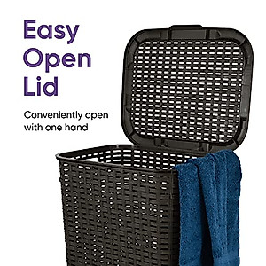 Plastic Laundry Hamper with Lid Laundry Hamper Basket, Brown 2 Pack Tall Cloths Hamper Organizer with Cut-out Handles. Space Saving for Laundry Room Bedroom Bathroom, Wicker Design 60 Liter