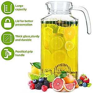 2 Pcs Glass Pitcher with Lid and Spout Ribbed Fridge Pitcher Clear Glass Water Pitcher with Handle Juice Containers with Lids for Fridge Water Jar Water Carafe Milk Jug for Iced Tea (63.4 oz)