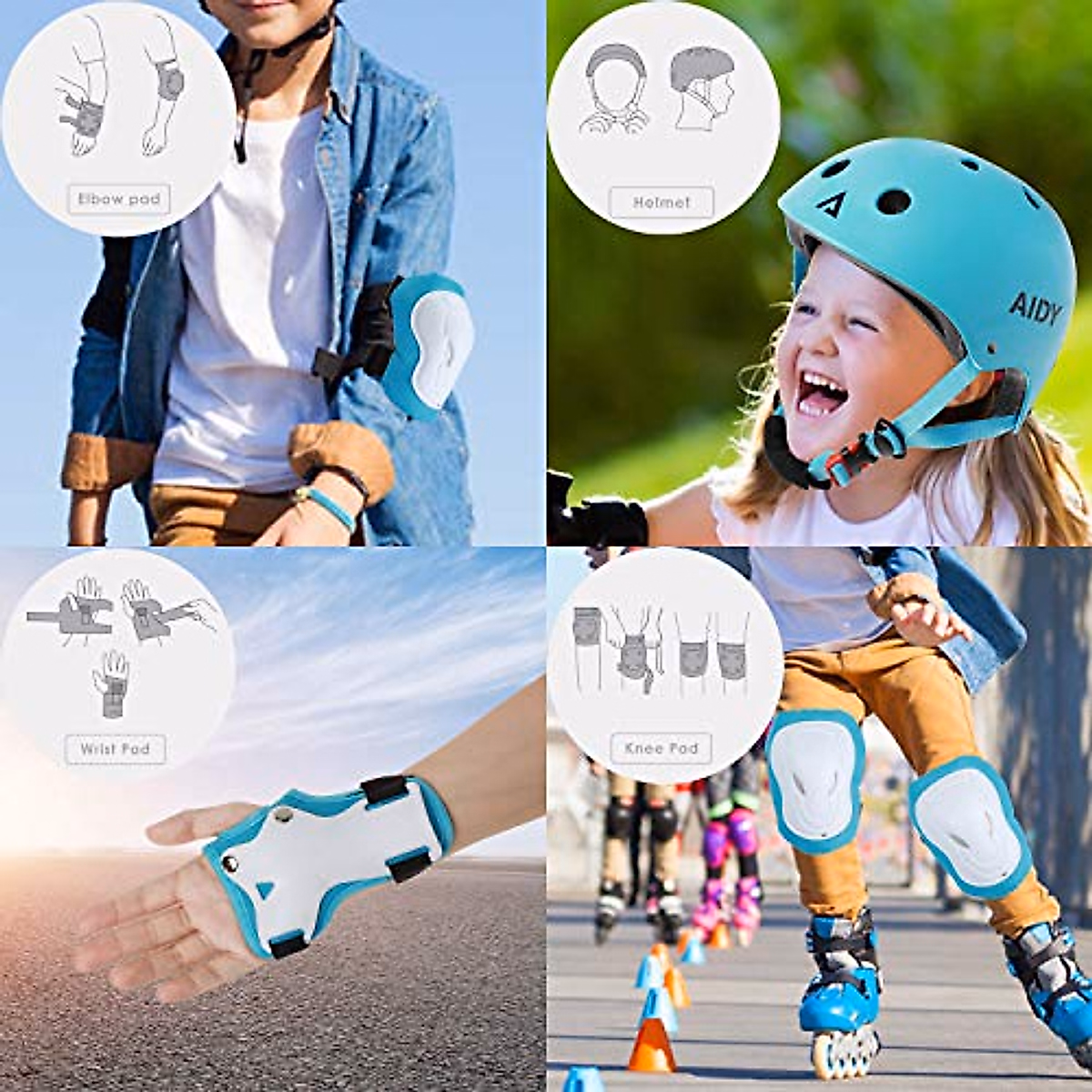 AIDY Kids Bike Helmet Toddler Helmet Adjustable for 3-8 Years Girls Boys Knee Pads Elbow Pads Wrist Guards Kids Protective Gear Set for Skateboard, Bike, Roller Skating, Cycling, Scooter, Rollerblade