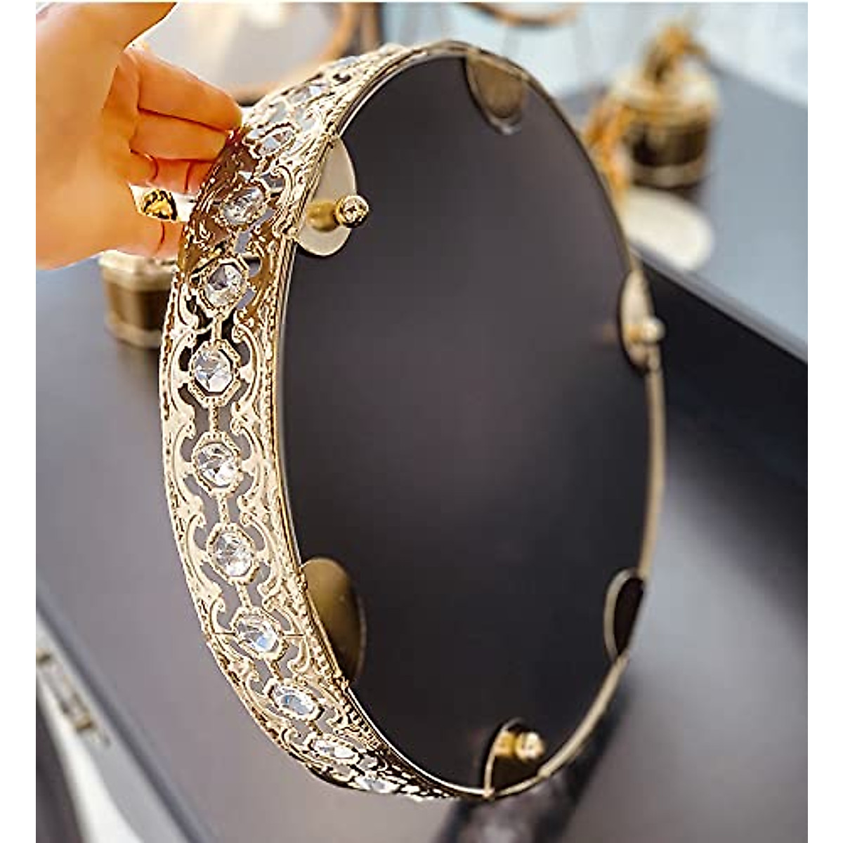 ELLDOO Crystal Mirror Vanity Tray - 9.8" Round Jewelry Trinket Tray Gold Decorative Tray for Dresser Glass Makeup Tray Bathroom Tray Storage Perfume Organizer for Bedroom