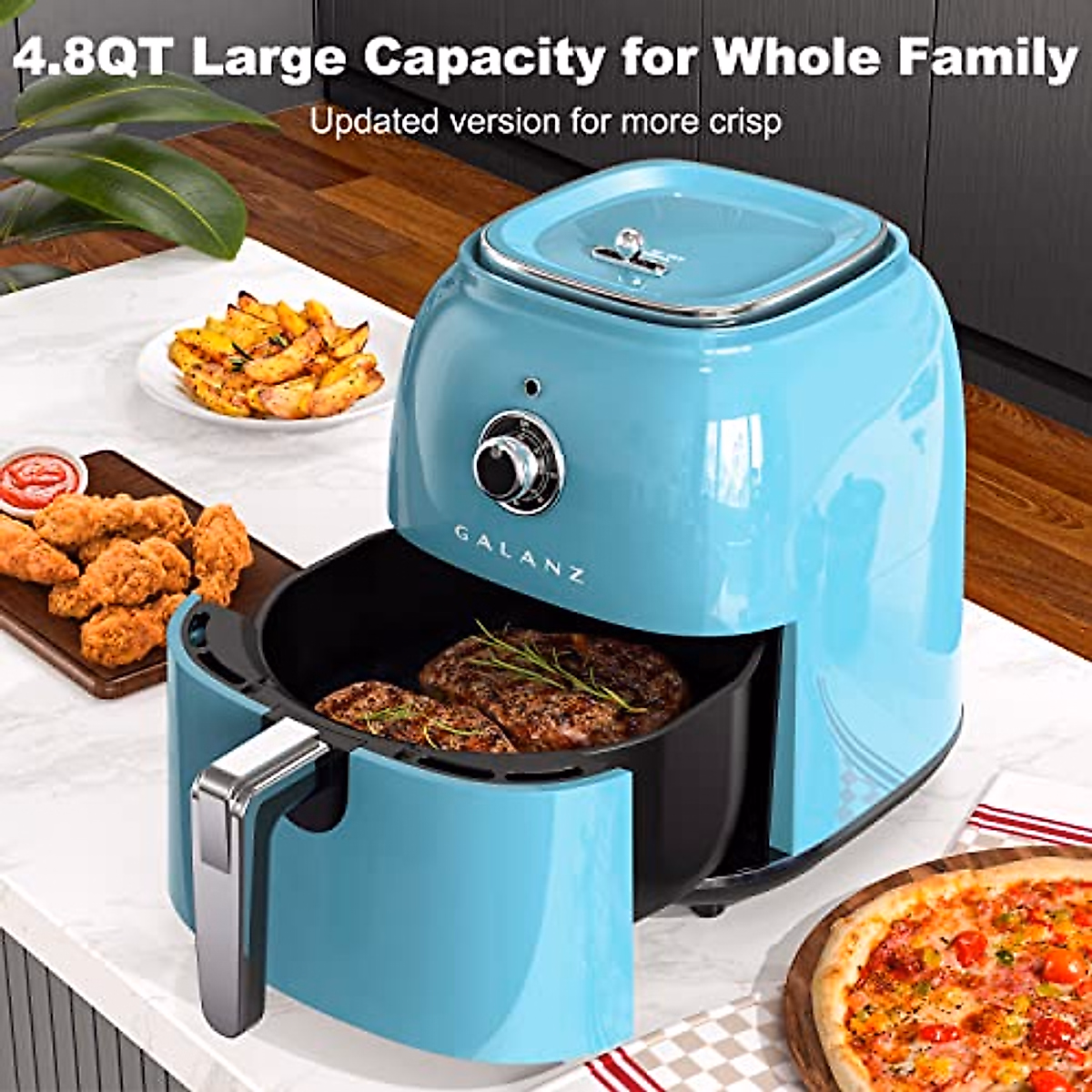 Galanz Retro Electric Air Fryer with Non-Stick Basket, Temperature and Time Control, Oil-Free for Healthy Frying, Auto Shutoff, 4.8Qt, 1500W, Retro Blue