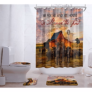 StarBlue-HGS Animal Cattle Large Ranches Waterproof Shower Curtain Set Farm Log Cabin Herd of Cattle Bathroom Bathtub Mat Toilet Cover Mat Set