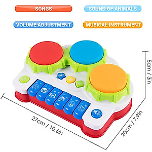 Baby Musical Keyboard Toy Piano for Toddlers 1-3, Drum Toy Set with Songs, Animal Sounds and Lights, Piano Xylophone for Kids Drums Montessori Learning Electronic Baby Instruments 12-18 Months