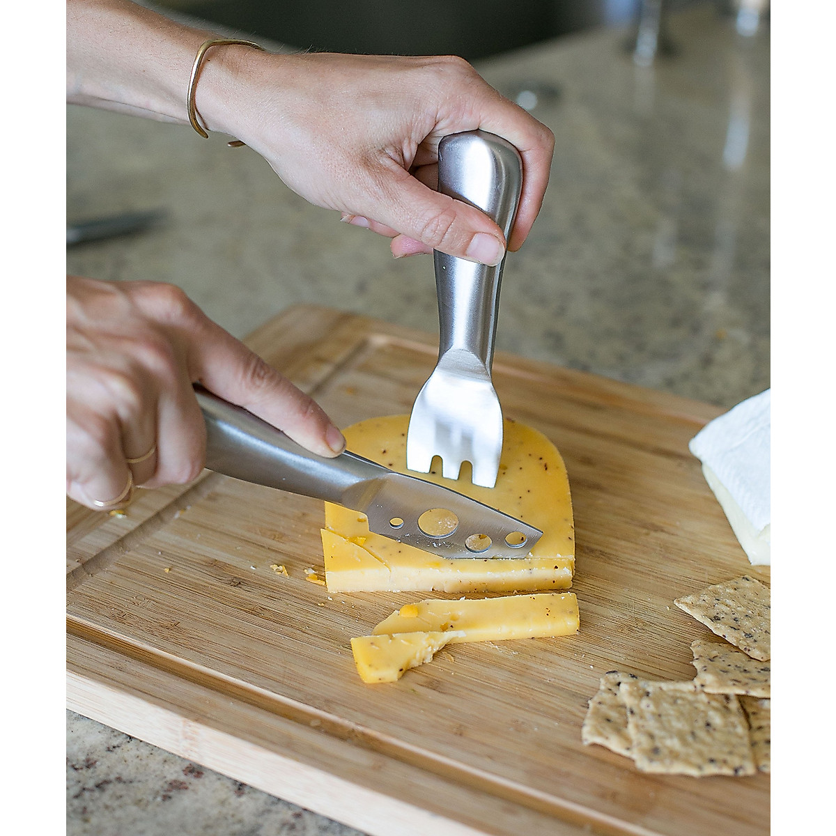 Internet's Best 4 Piece Stainless Steel Cheese Set - Slicer Cutter Knife Fork for Hard Soft Crumble Cheeses - Shaver Spreader Tools