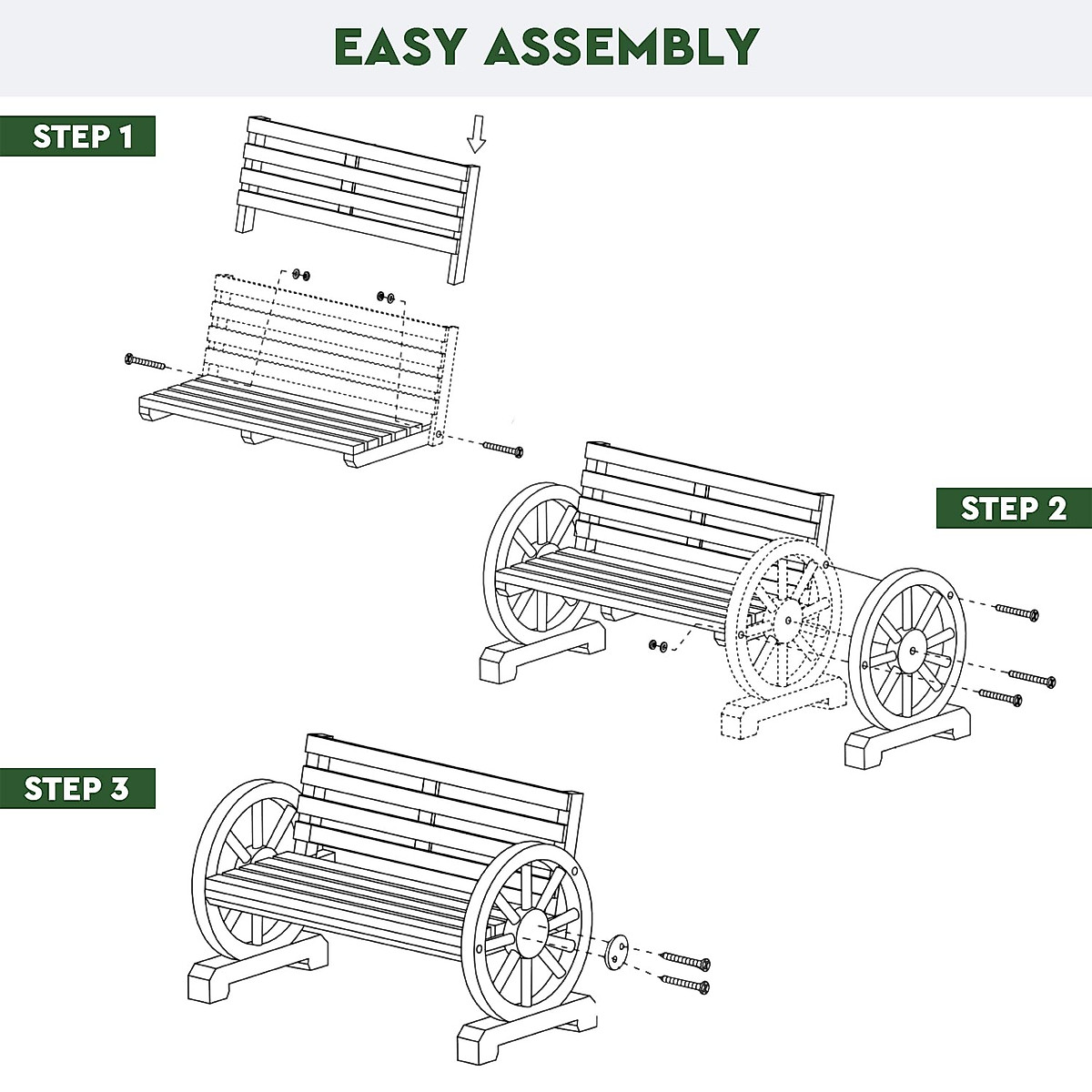 Mavalous Wagon Wheel Bench Outdoor, 2 Person Seat Rustic Wood Patio Benches with Backrest for Outdoor Brown
