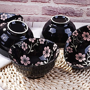 Whitenesser Japanese Style Rice Bowls set of 4, Ceramic Rice Bowls for Soup Cereal Oat (4, Black Sakura)