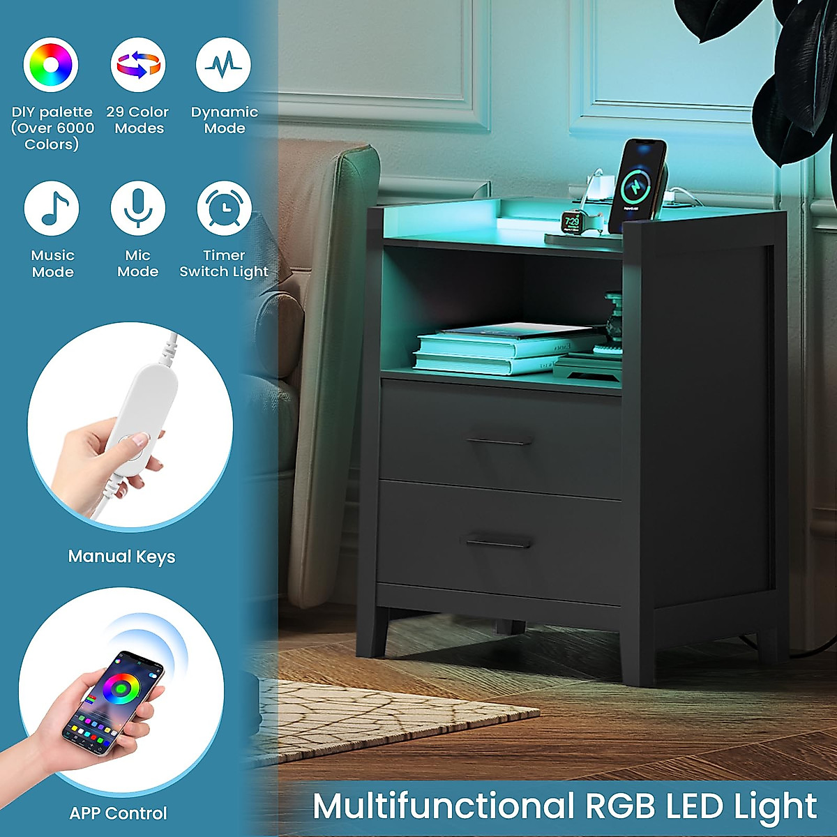 EPHEX LED Nightstands Set of 2, Black Night Stand with Charging Station and 2 Drawers, Wood End Side Table with USB Ports, Bedside Table for Bedroom