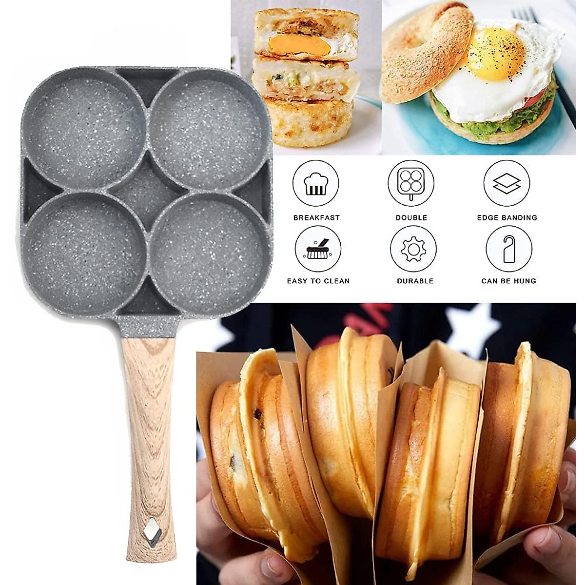 SI FANG 4-Cup Nonstick Egg Frying Pan Pancake Omelette Pan, Aluminium Alloy Fried Egg Pan With Wood Handle, 100% PFOA Free Egg Cooker Non Stick Egg Skillet for Egg Mcmuffin, Omelet, Burgers