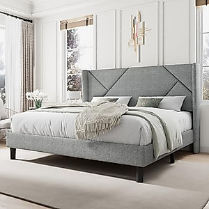 iPormis King Size Wingback Bed Frame, Modern Platform Bed with Minimalist Headboard, 8-in Storage Space/Heavy-Duty Structure/No Box Spring Needed/Noise-Free, Light Gray