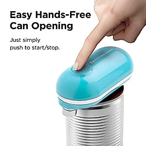 Kitchen Mama Mini Electric Can Opener Smooth Edge: Open Cans with A Simple Press of Button - Ultra-Compact, Space Saver, Portable, Hands Free, Food-Safe, Battery Operated (Blue)