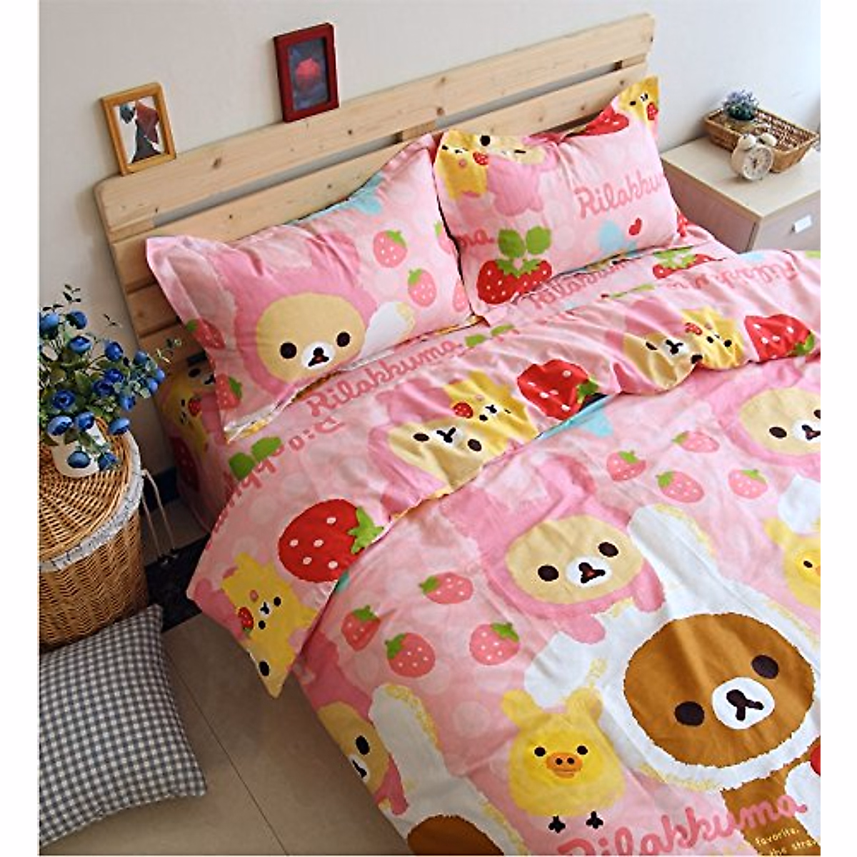 LELVA Rilakkuma Pattern Bedding Quilt/Comforter Cover Set Kids Bedding Duvet Cover Set for Girls Flat Sheet Pink Twin Size