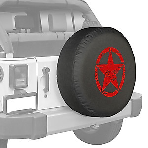 Boomerang - 32" Distressed Star - Spare Tire Cover - (Black Denim Vinyl) for Jeep Wrangler JK (2007-2018) - Red (Bright) Print - Made in The USA