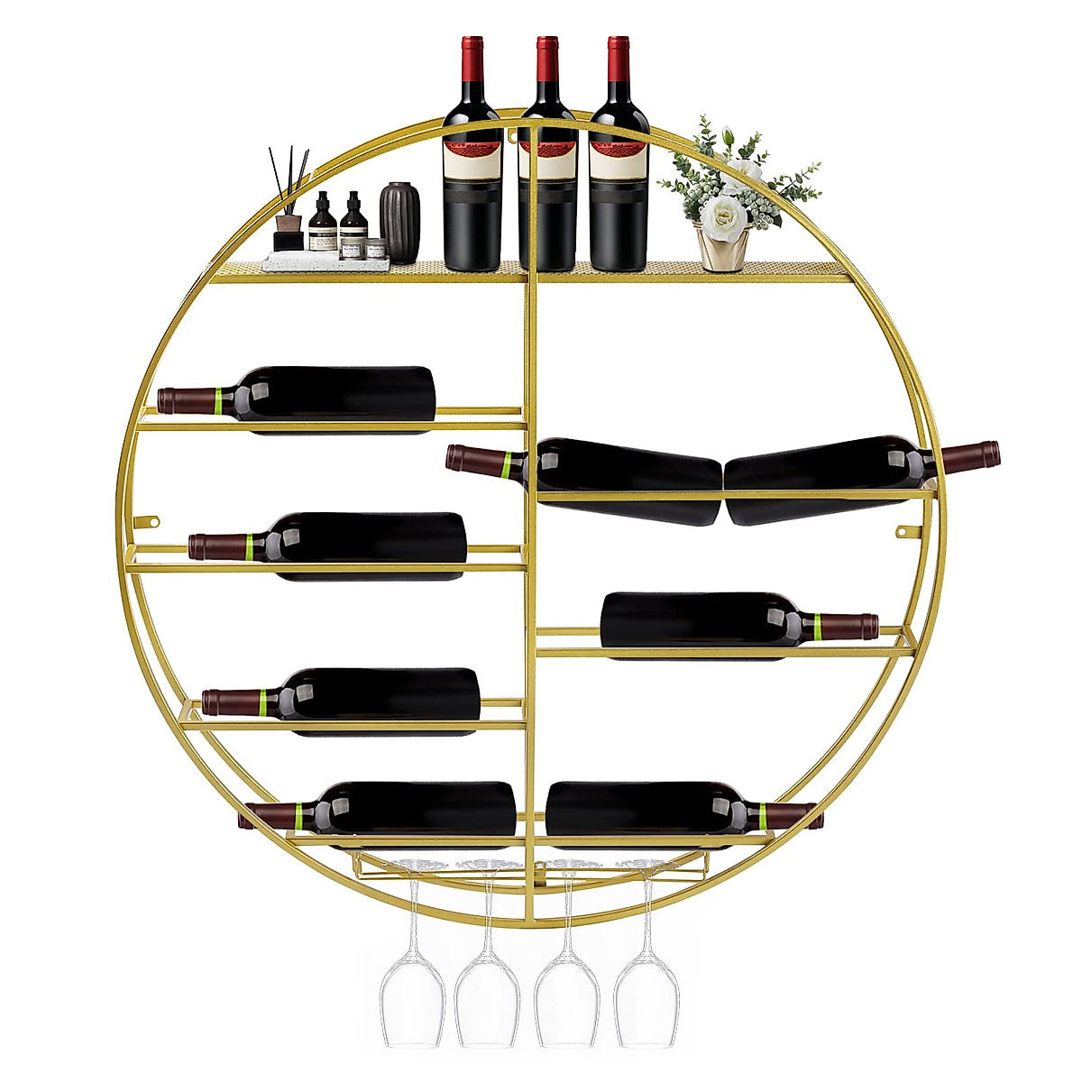 Headery 7 Tier Round Iron Wall Wine Bottle Holder, Wine Storage and Display Rack,Bar Liquor Shelves Shelf with 4 Glass Holder for Kitchen, Party, Bar, Dining Room(Black/Gold (Gold)