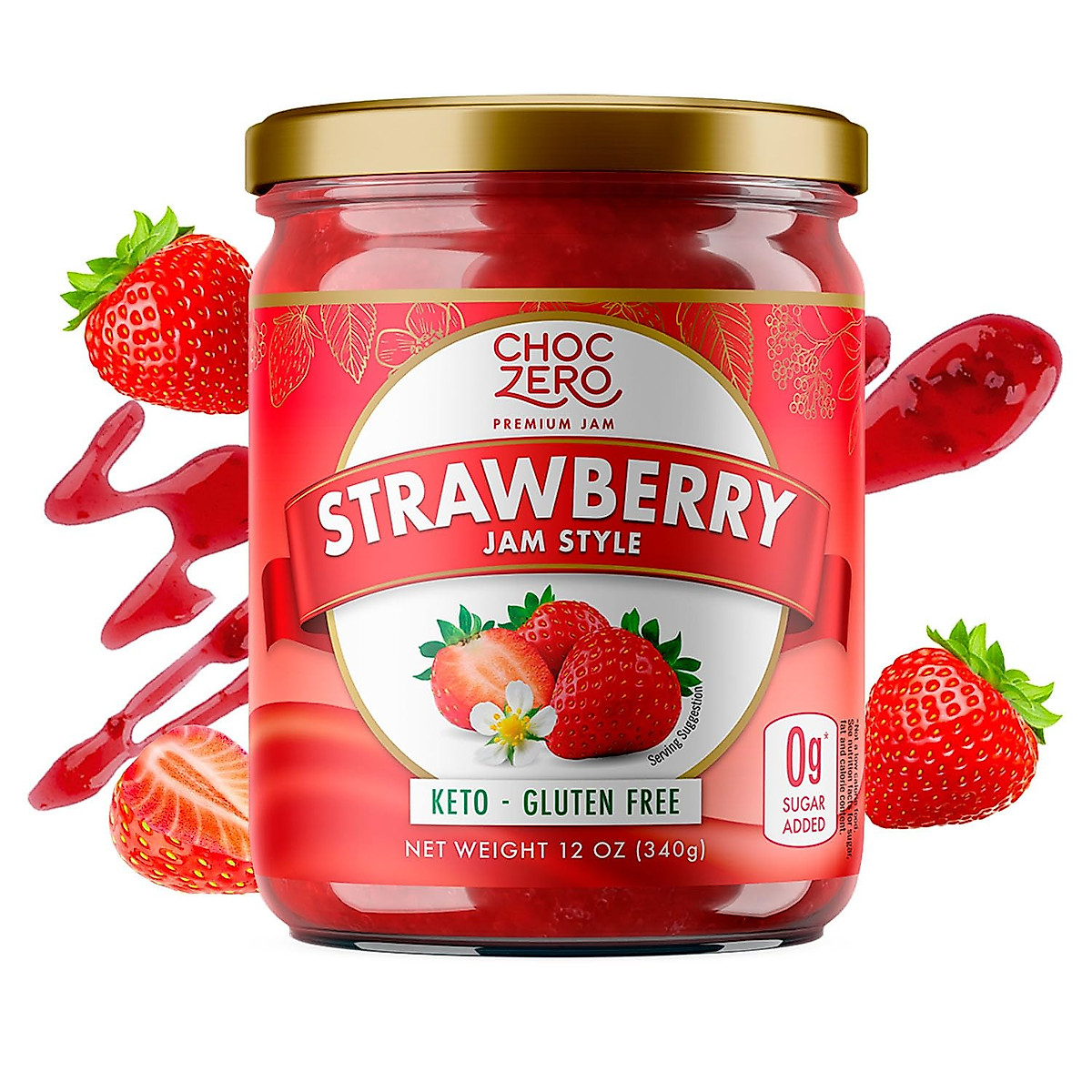 Keto Strawberry Jam, No Sugar Added - Monk Fruit Sweetened, Gluten Free Spread from ChocZero, 12 oz